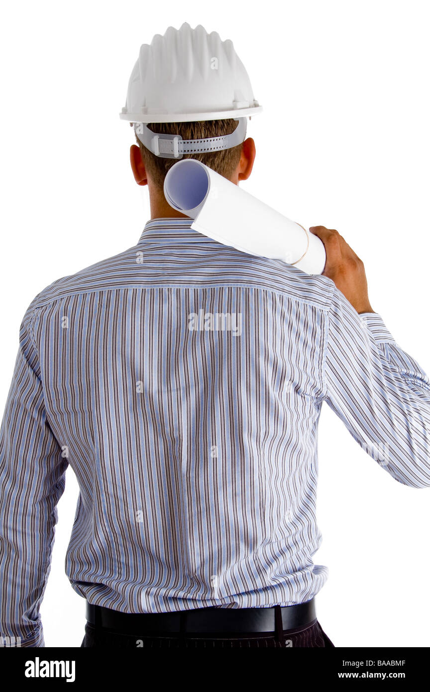 back pose of architect with paper roll Stock Photo - Alamy