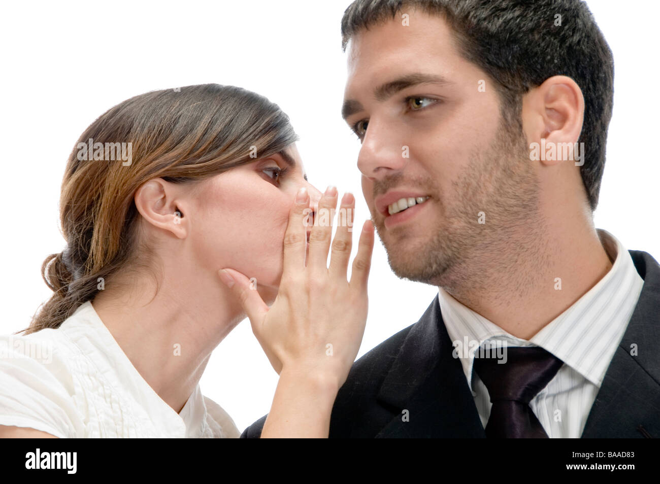 beautiful woman telling something to man Stock Photo - Alamy