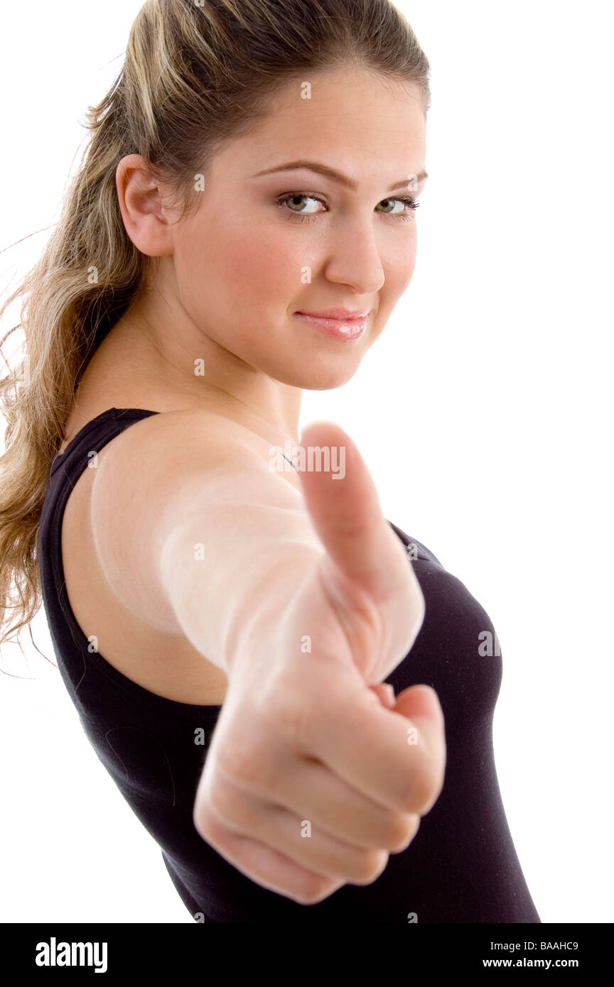 side view of smiling girl showing thumb up Stock Photo - Alamy