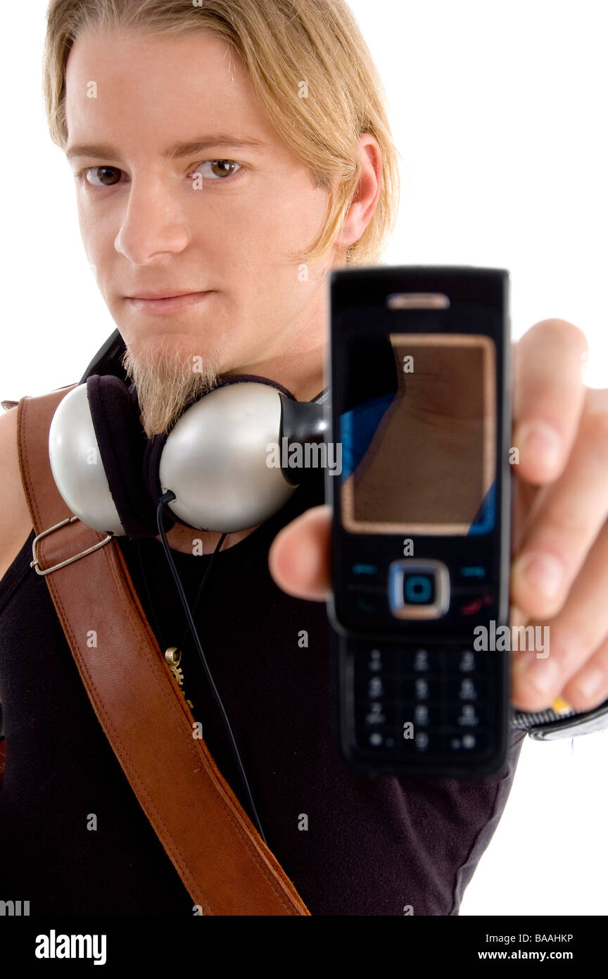 smart guy with bag and headphone showing his cell phone Stock Photo - Alamy