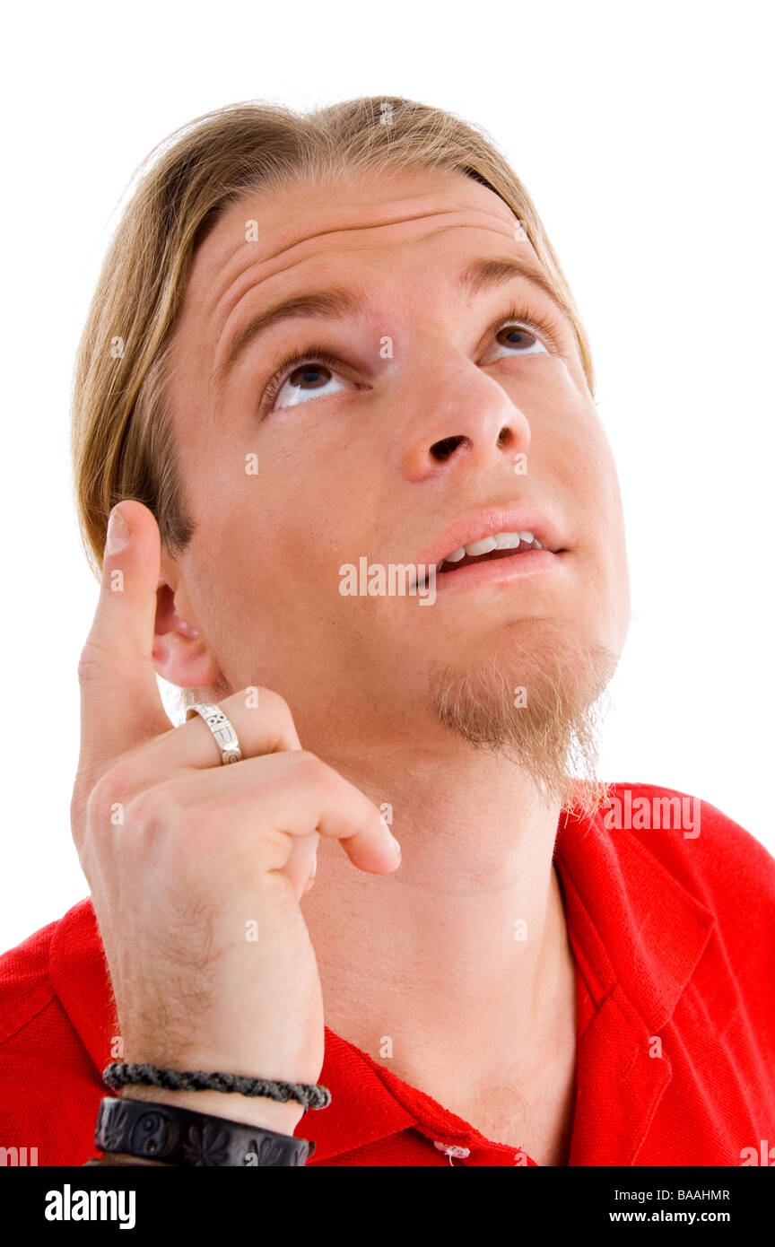 portrait of male pointing upward Stock Photo - Alamy