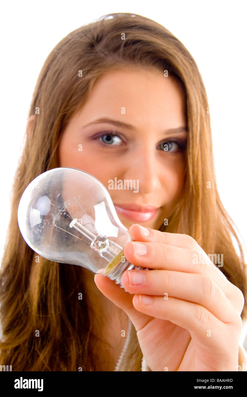 beautiful female holding light bulb Stock Photo - Alamy