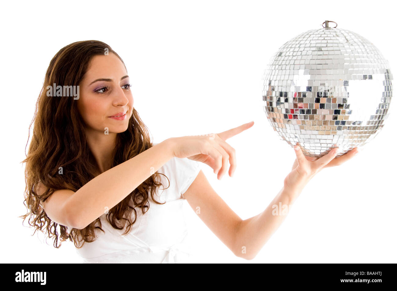 young girl indicating disco ball Stock Photo - Alamy