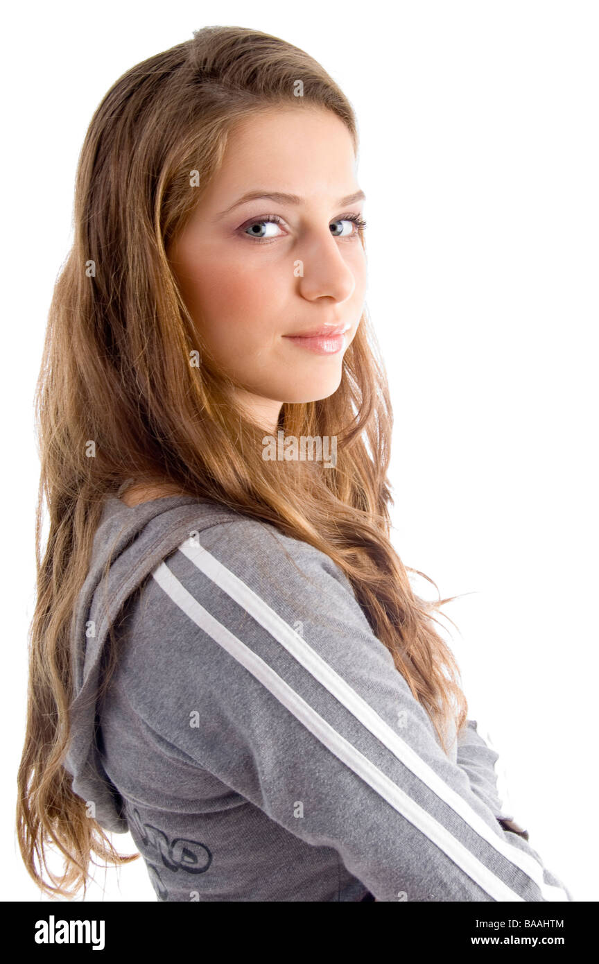 side pose of female looking at camera Stock Photo - Alamy