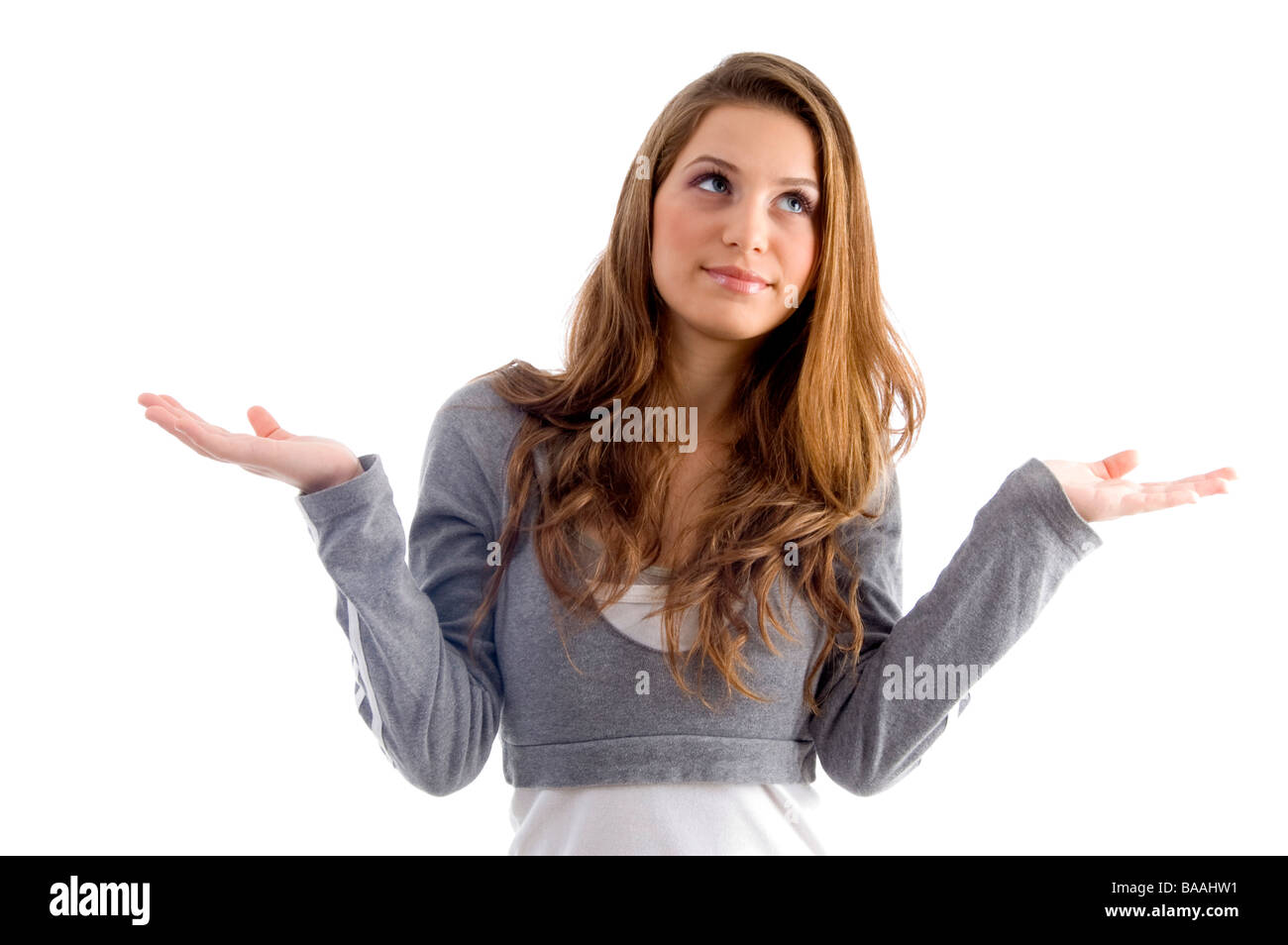 attractive female with open hands Stock Photo - Alamy