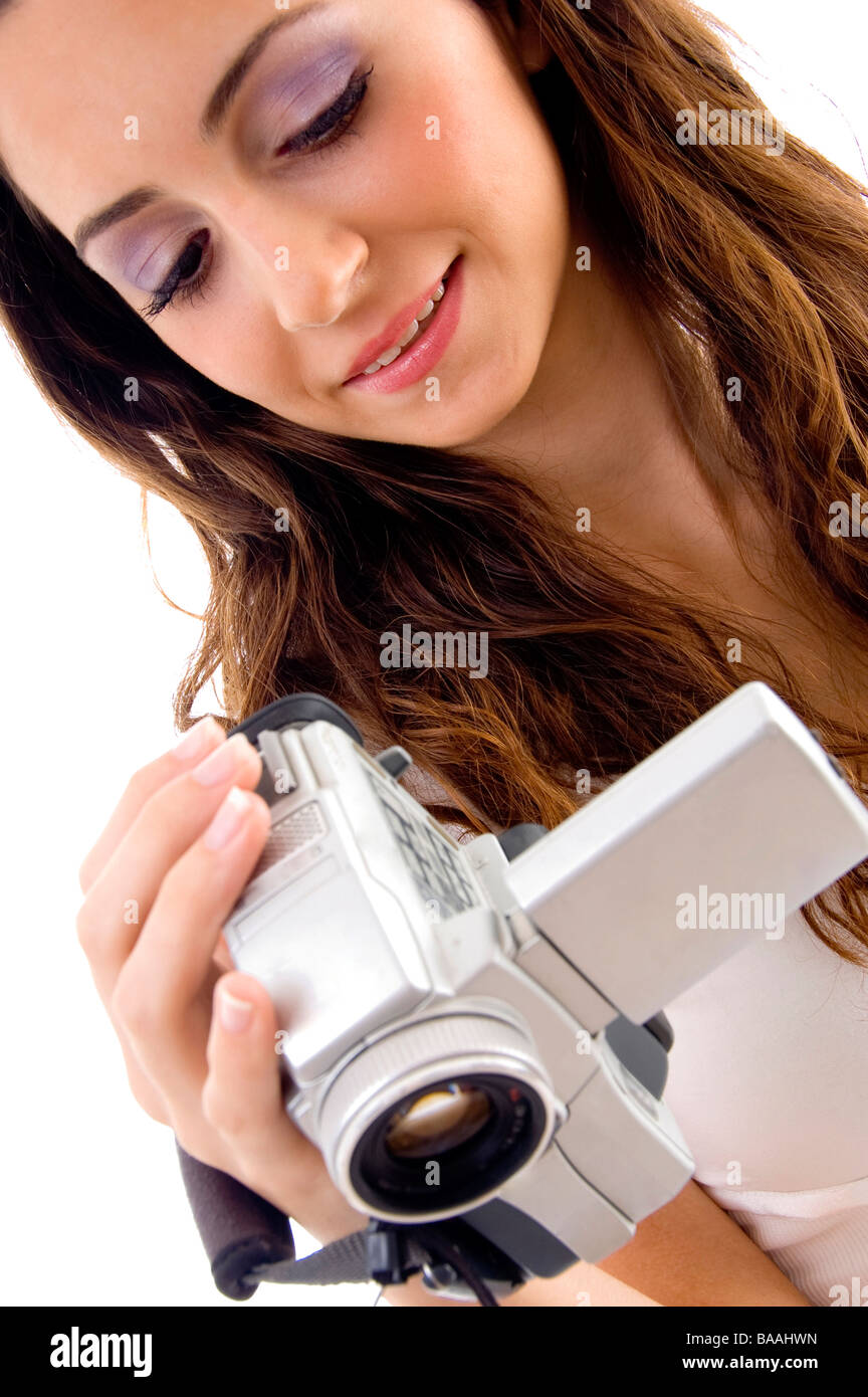 professional woman looking video into handy cam Stock Photo - Alamy