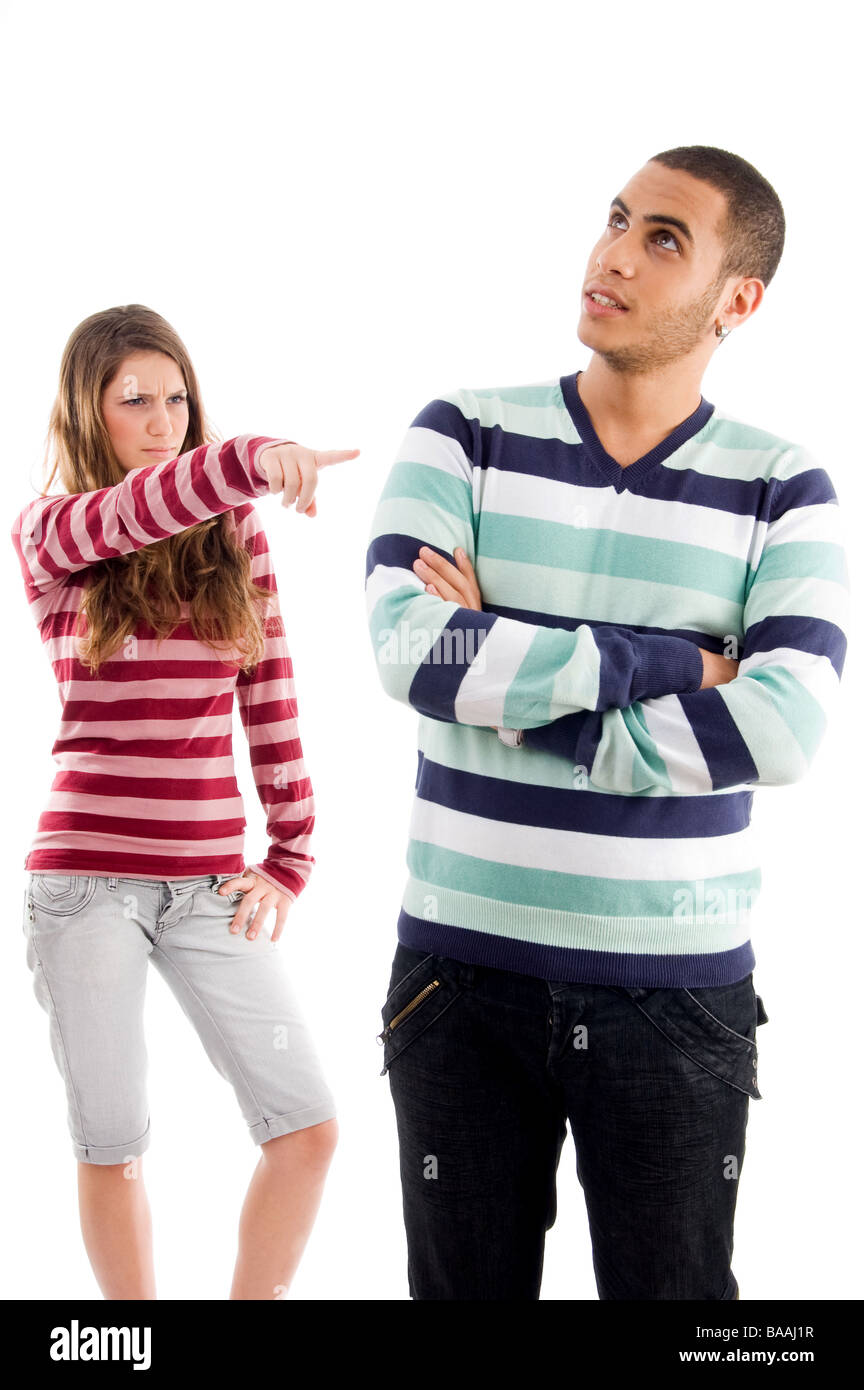 young girl pointing to boy Stock Photo - Alamy