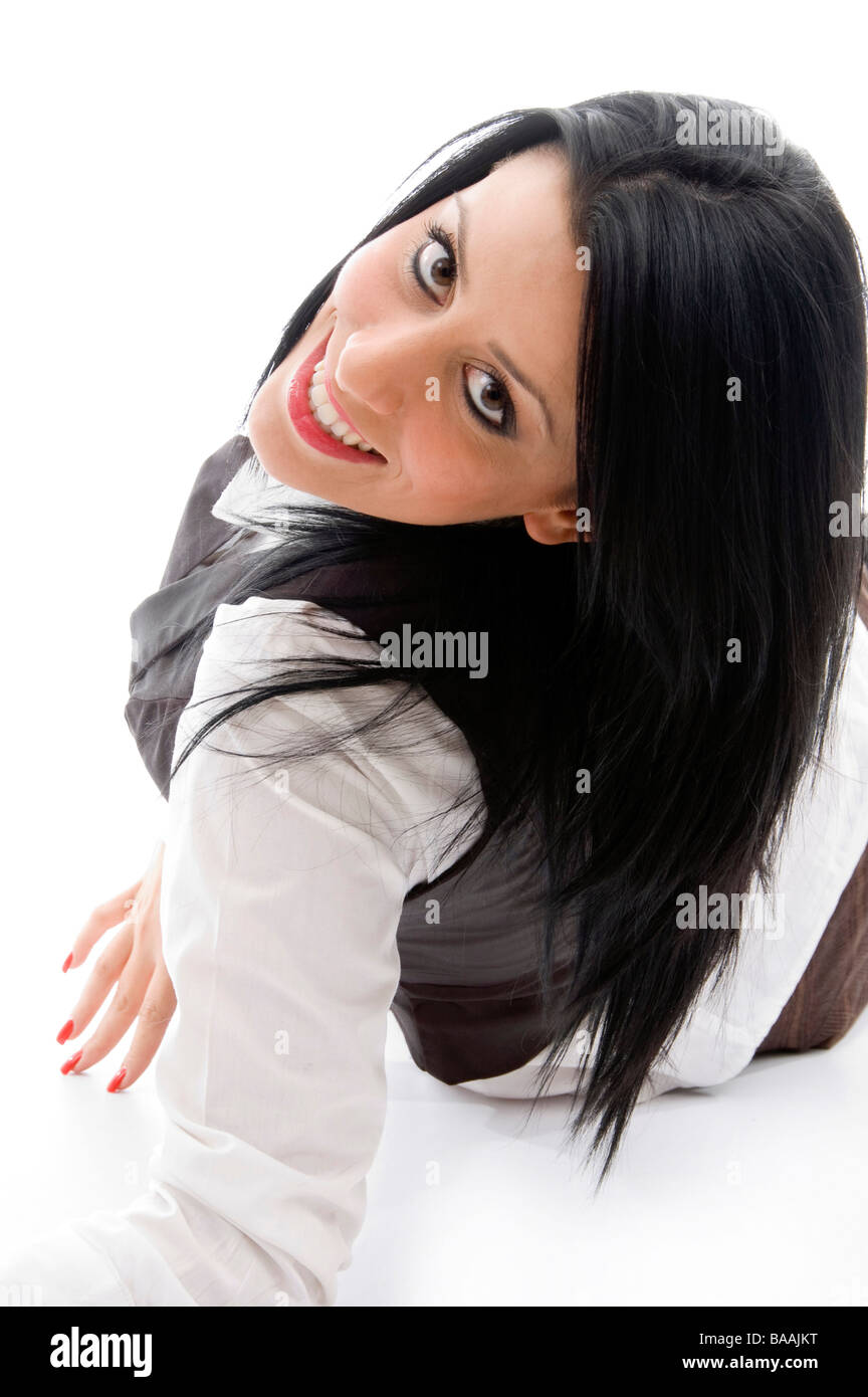 american woman lying on floor and looking backwards Stock Photo - Alamy
