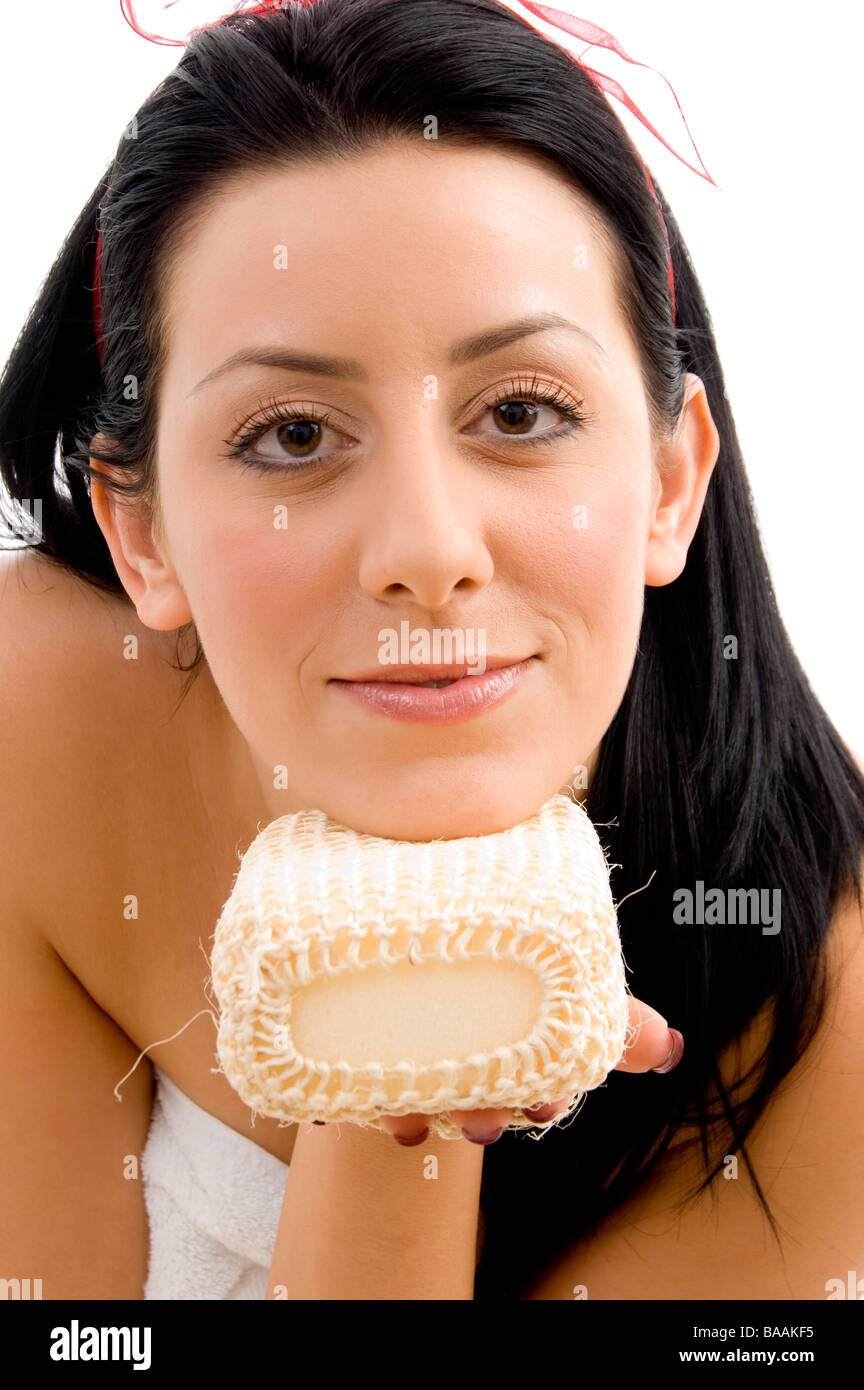 front view of woman with scrubber on white background Stock Photo - Alamy