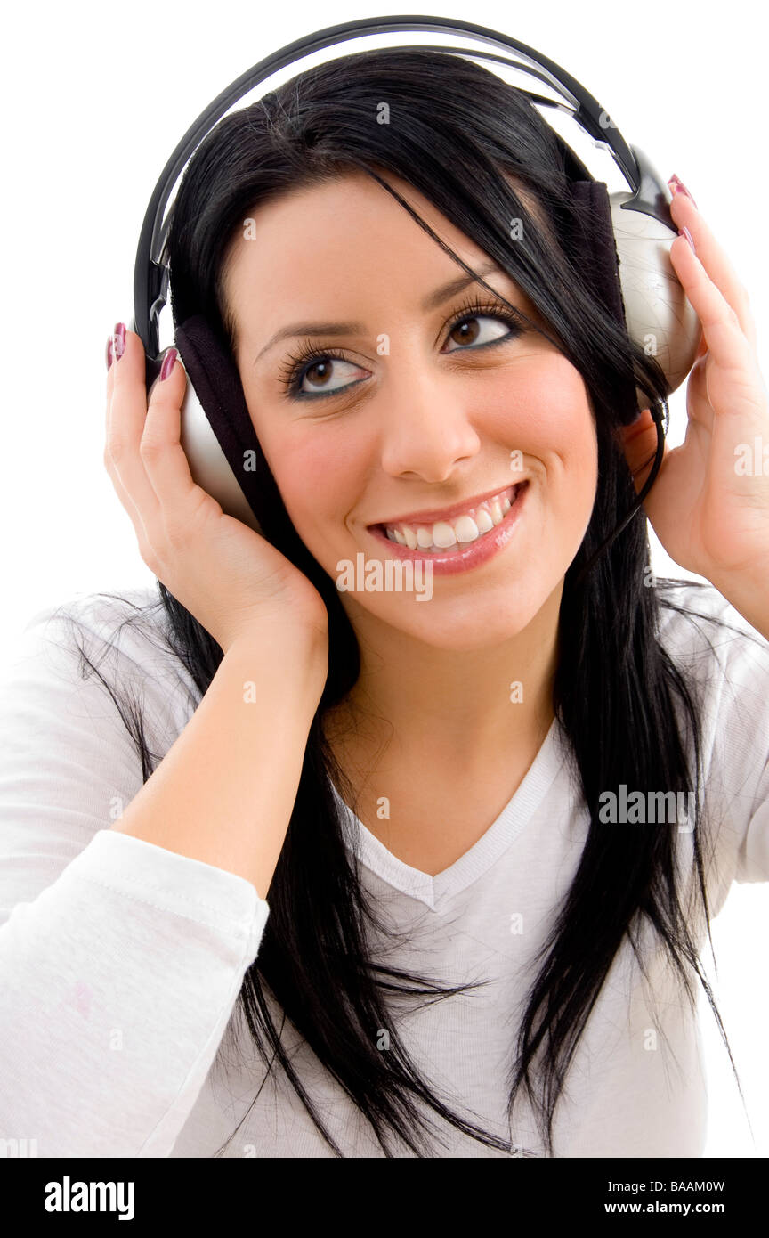 front view of happy model listening music Stock Photo - Alamy