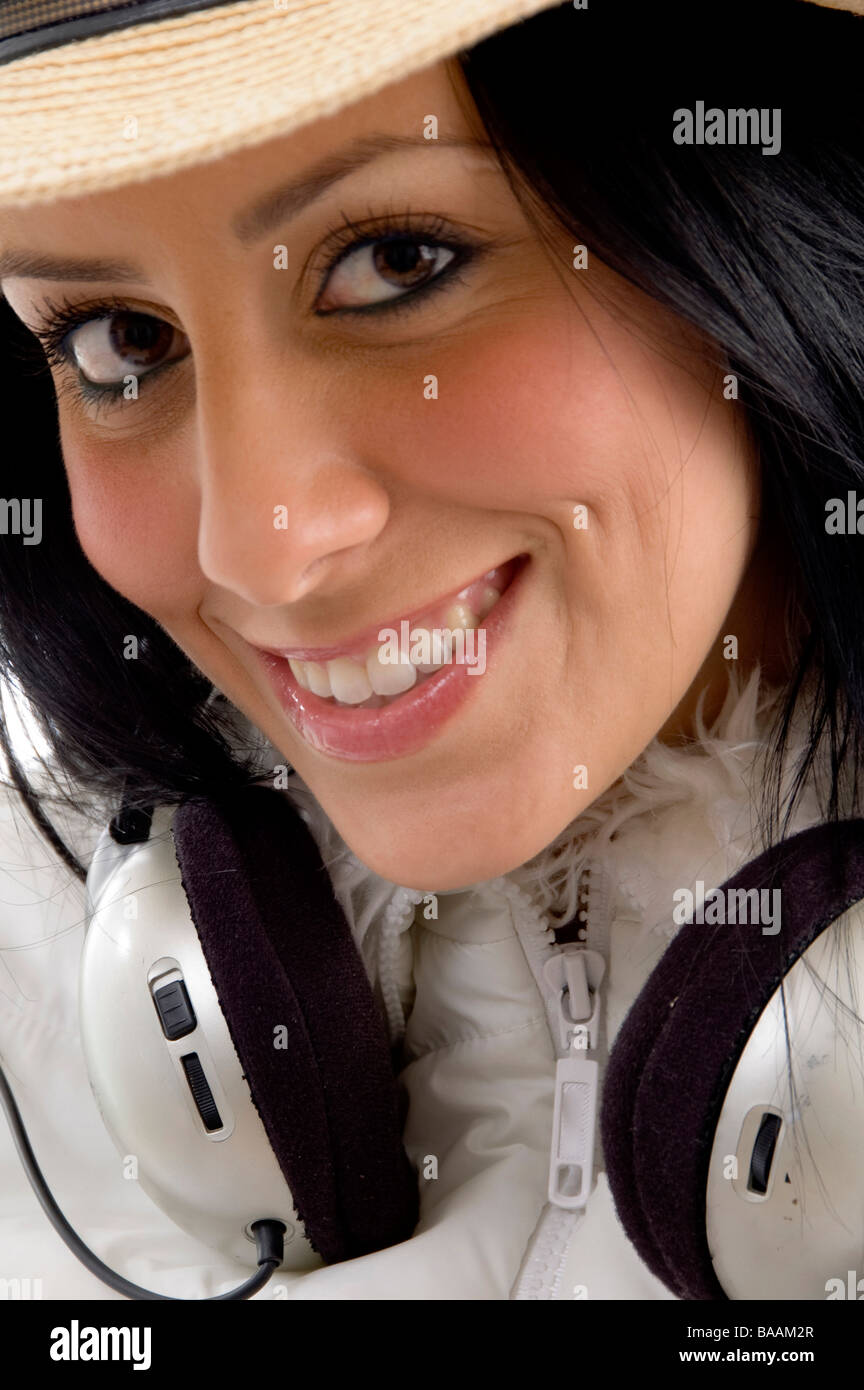side view of smiling female looking at camera Stock Photo - Alamy