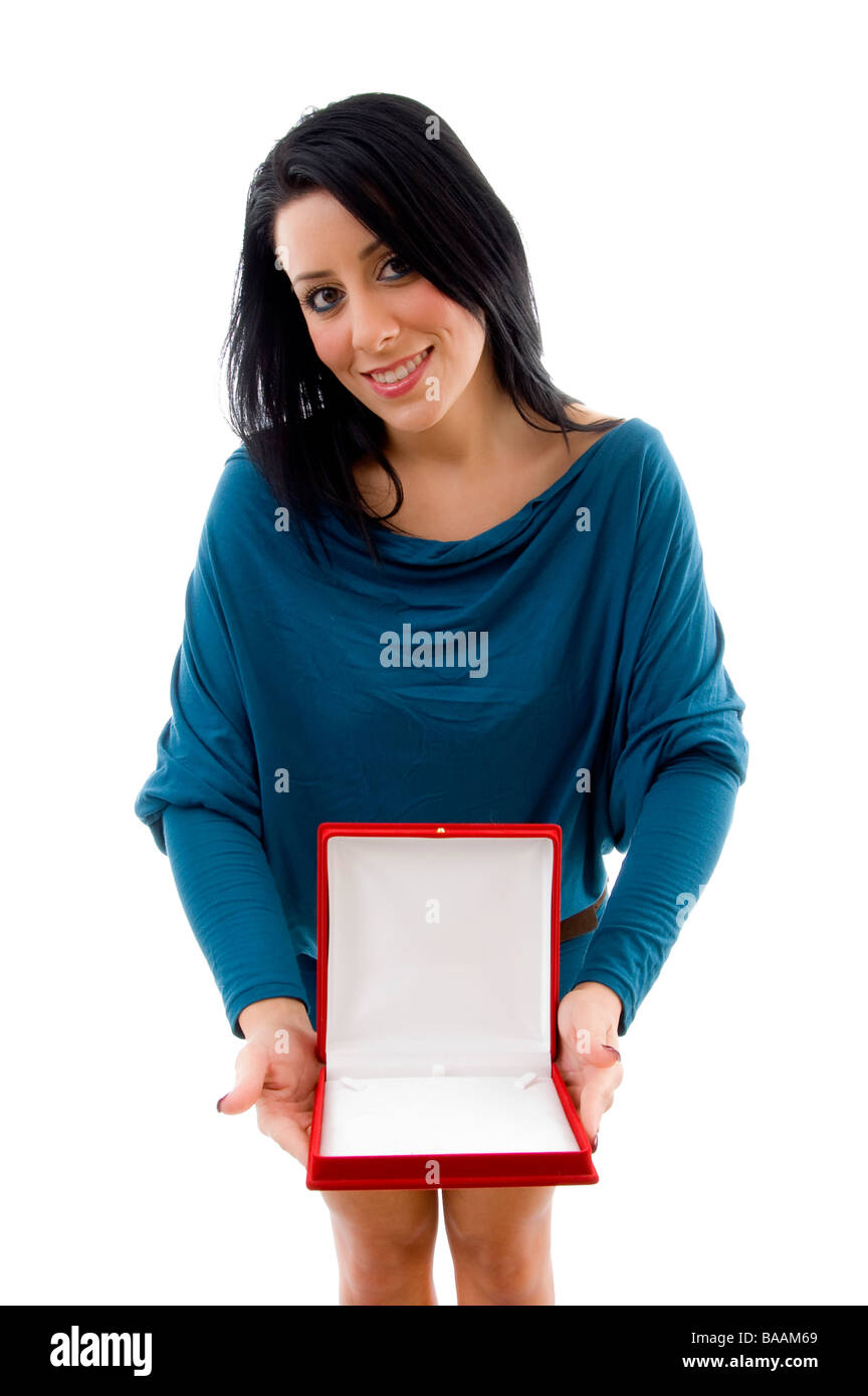 front view of woman showing jewellery box on white background Stock ...