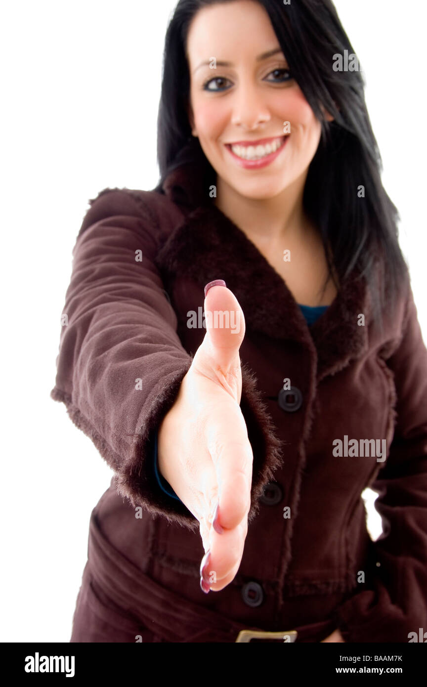 front view of smiling model offering handshake on white backgrou Stock ...