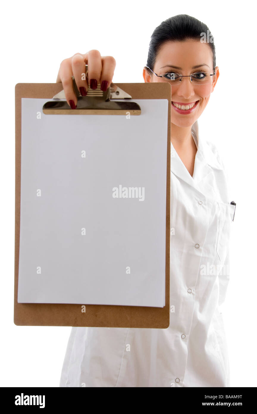front view of smiling doctor showing writing pad Stock Photo - Alamy