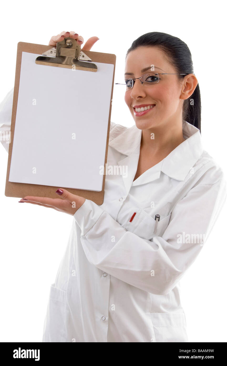 front view of smiling doctor showing writing pad Stock Photo - Alamy