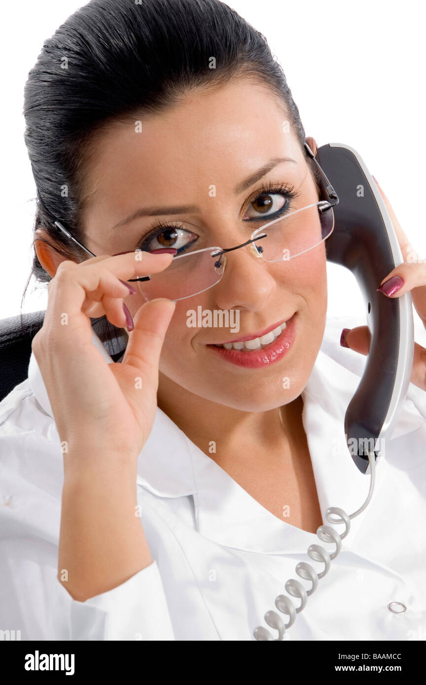 portrait of female doctor holding receiver Stock Photo - Alamy