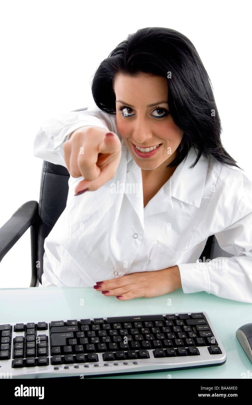 front view of pointing female doctor Stock Photo - Alamy