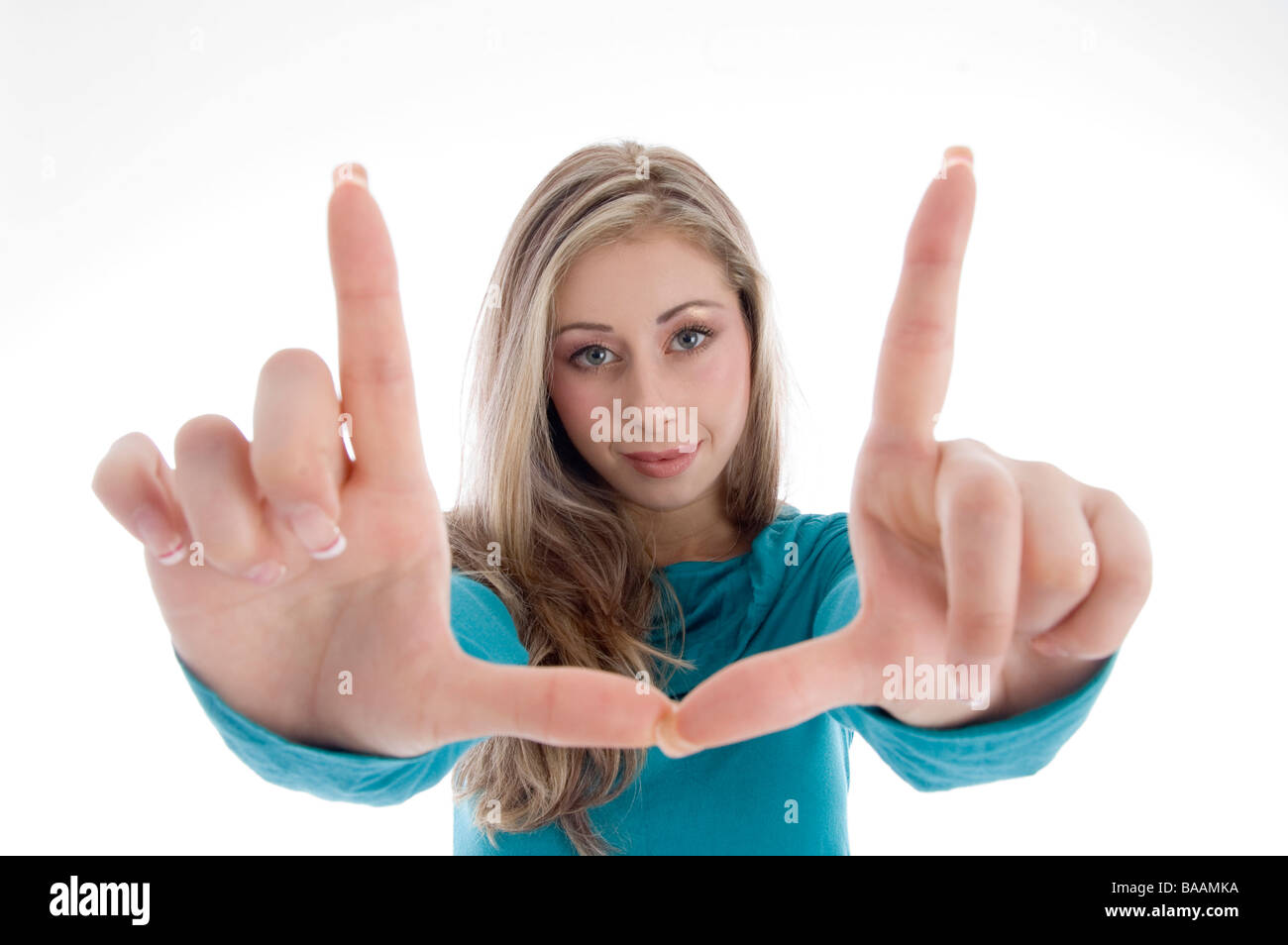 woman showing directing hand gesture Stock Photo - Alamy