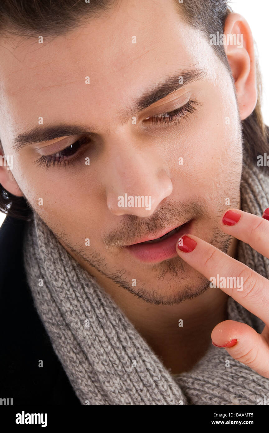 lips of man being touched by female hands Stock Photo - Alamy