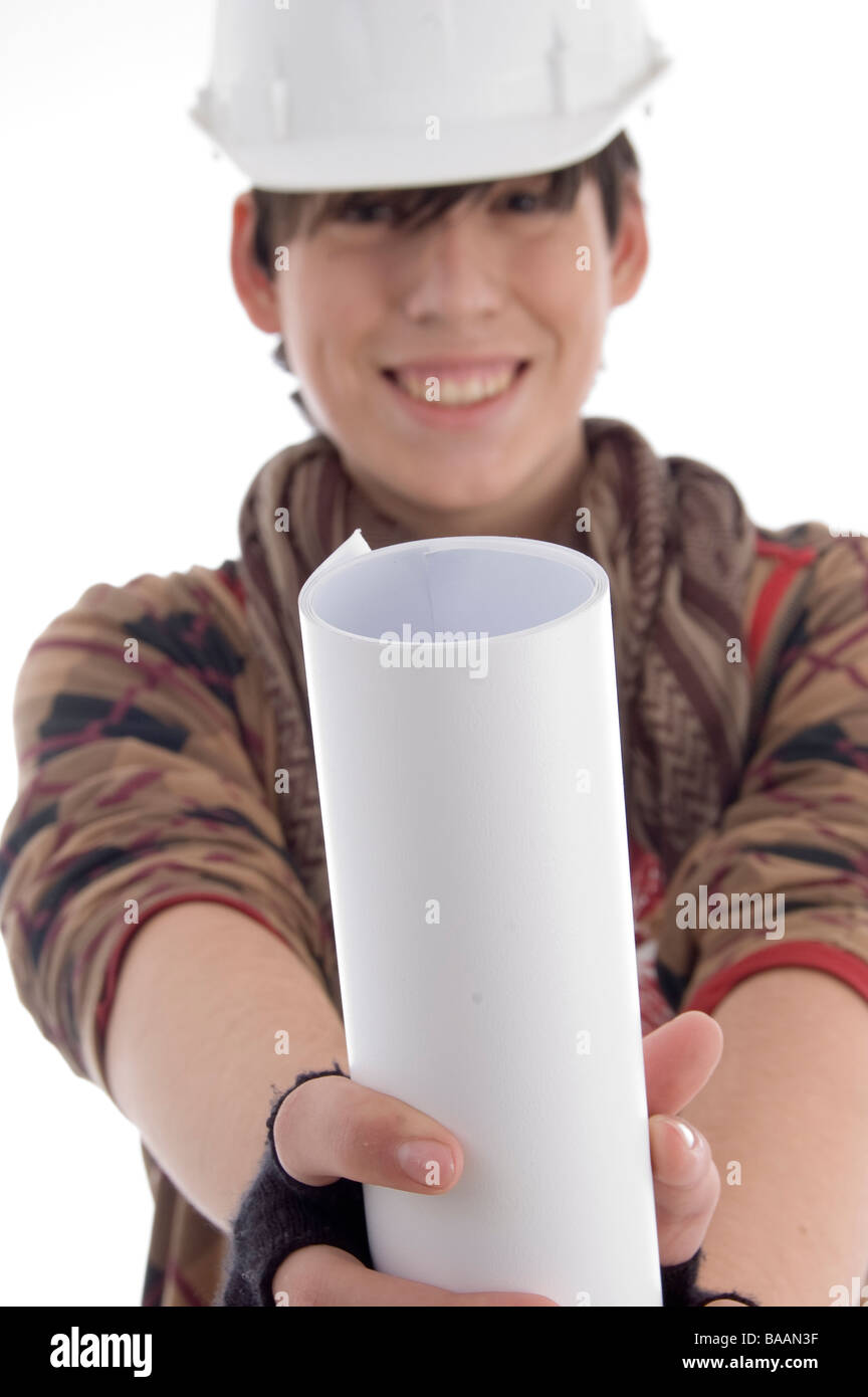 smiling young architect showing paper roll Stock Photo - Alamy