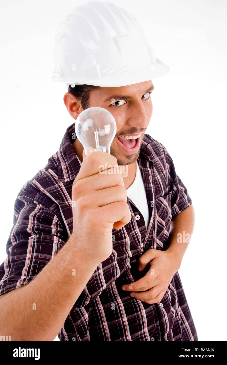 engineer showing electric bulb Stock Photo - Alamy