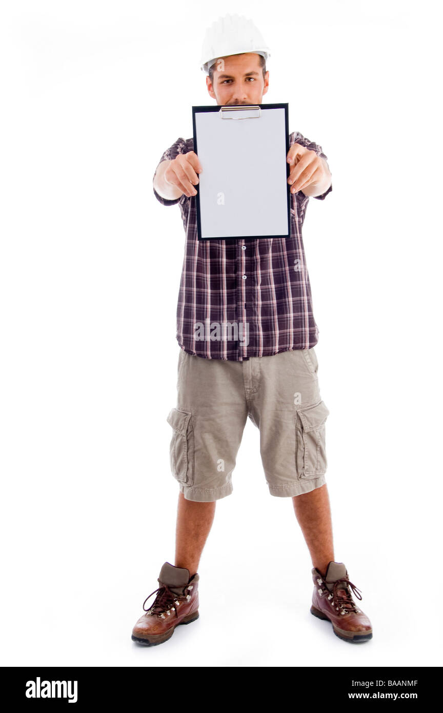standing engineer showing writing pad Stock Photo - Alamy