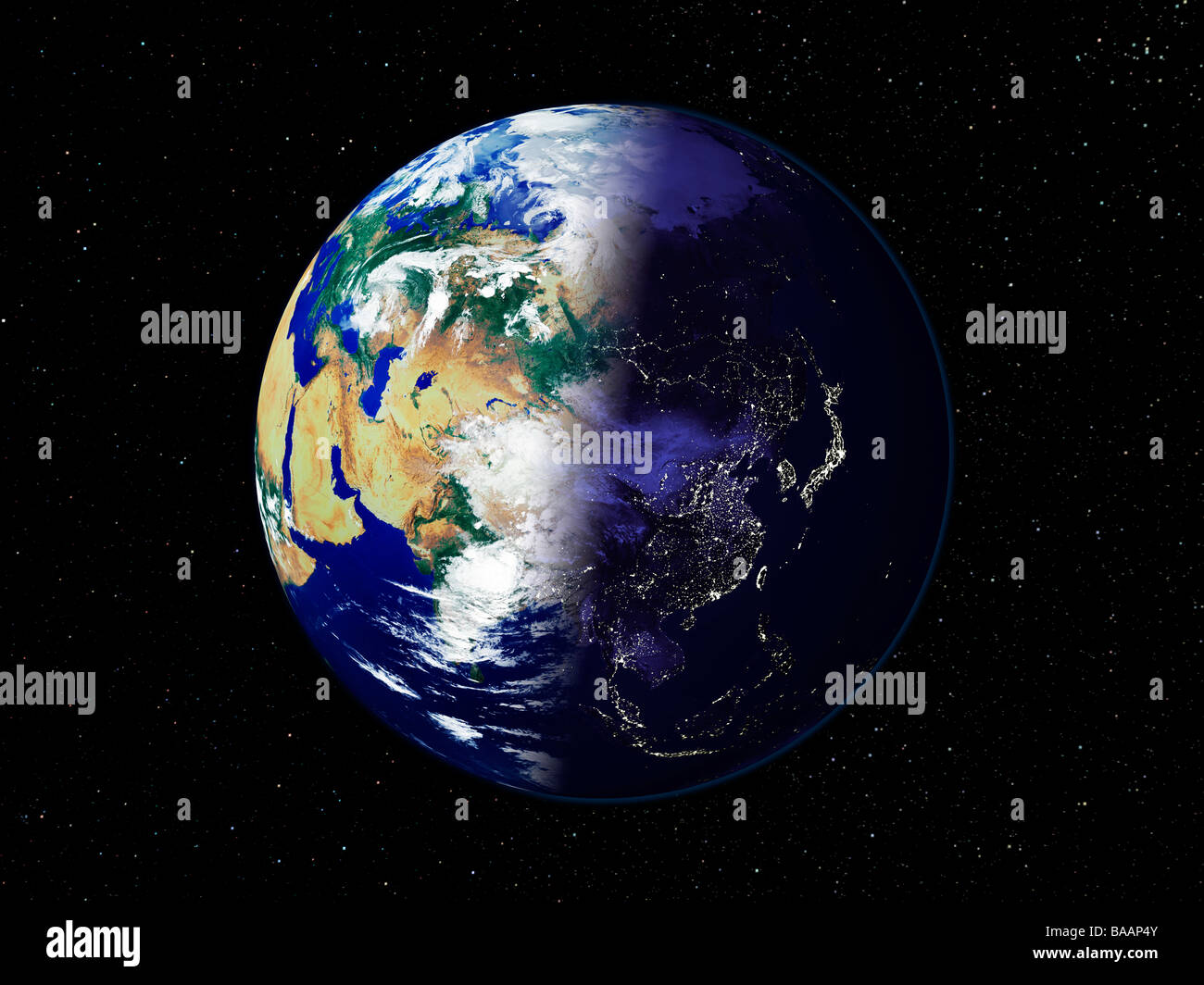 Earth viewed from space showing transition between night and day over ...