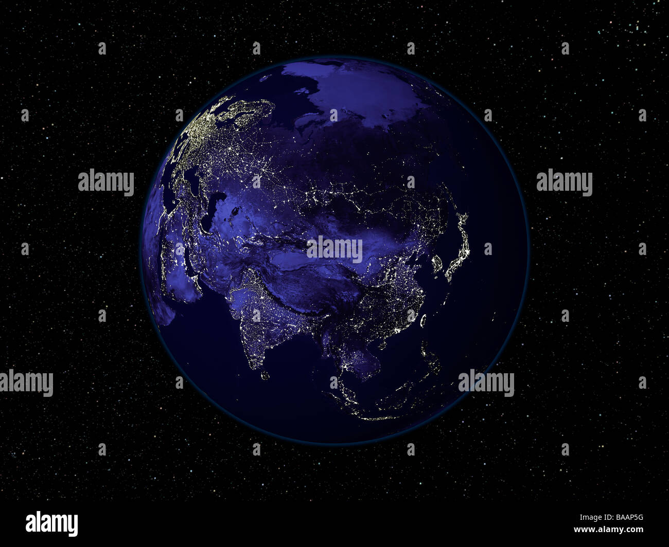 Earth viewed from space showing Asia at night. Enhanced version of Nasa ...