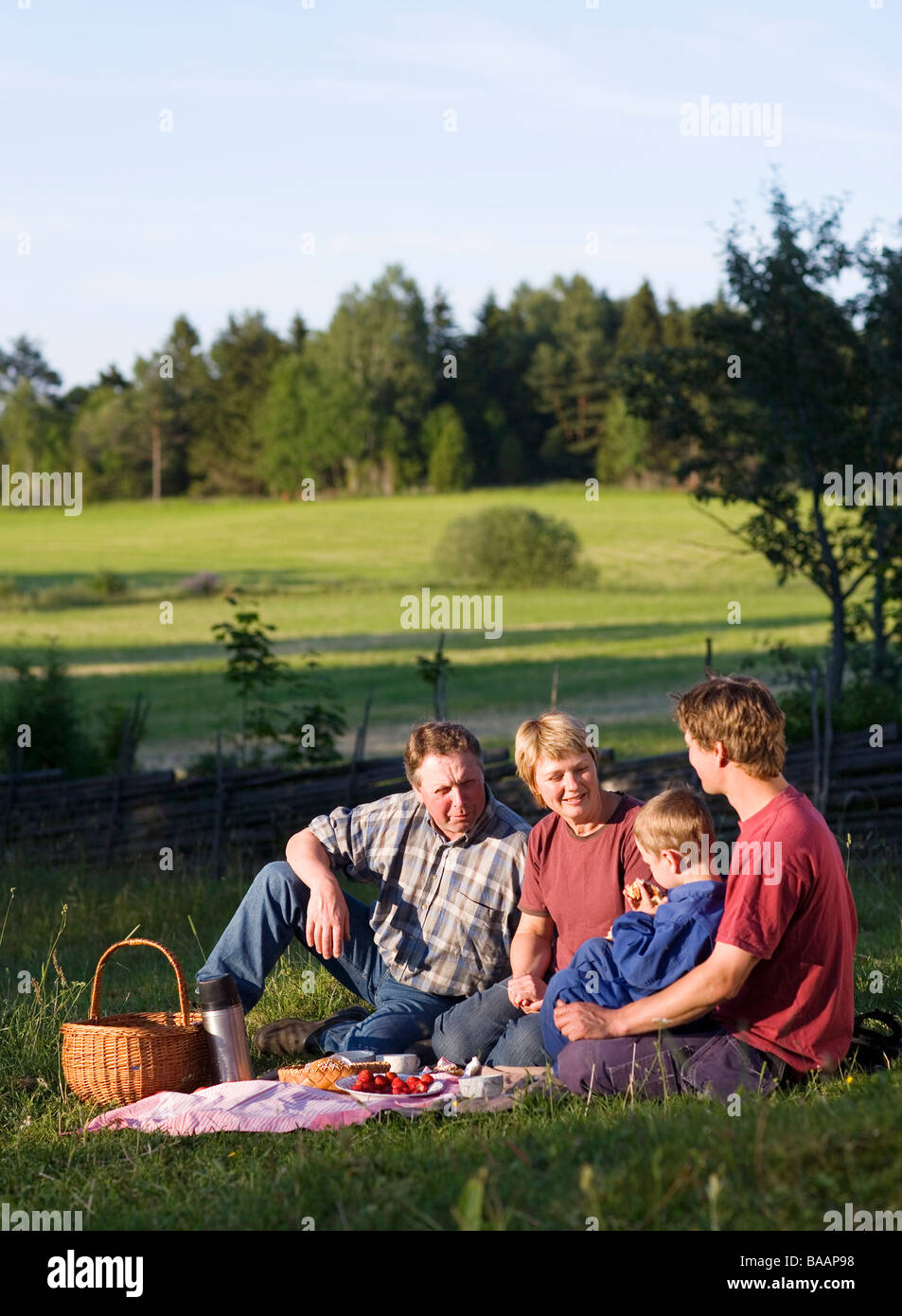 A farmer family taking a break in the grass, Sweden Stock Photo - Alamy