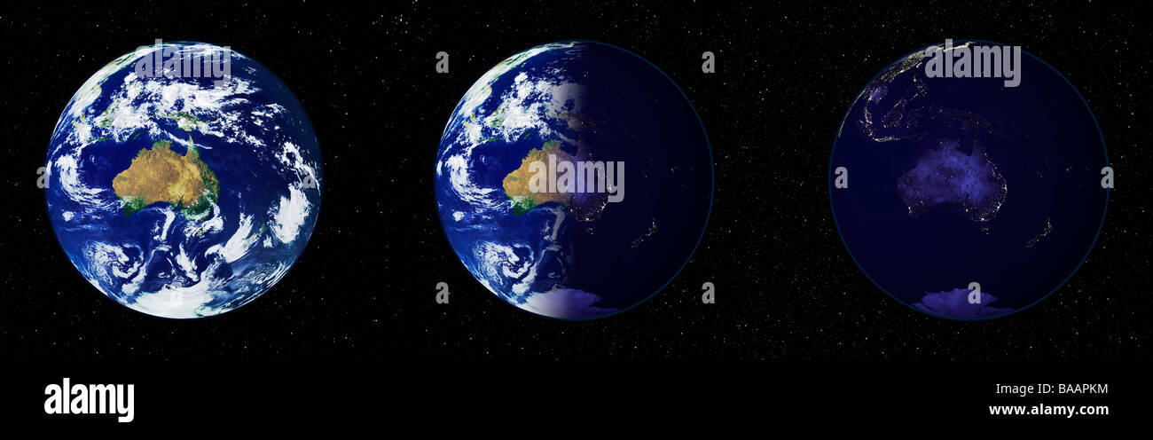 Earth viewed from space showing transition between night and day over ...