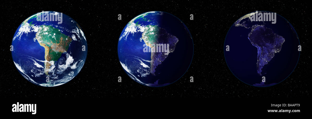 Earth viewed from space showing transition between night and day over ...