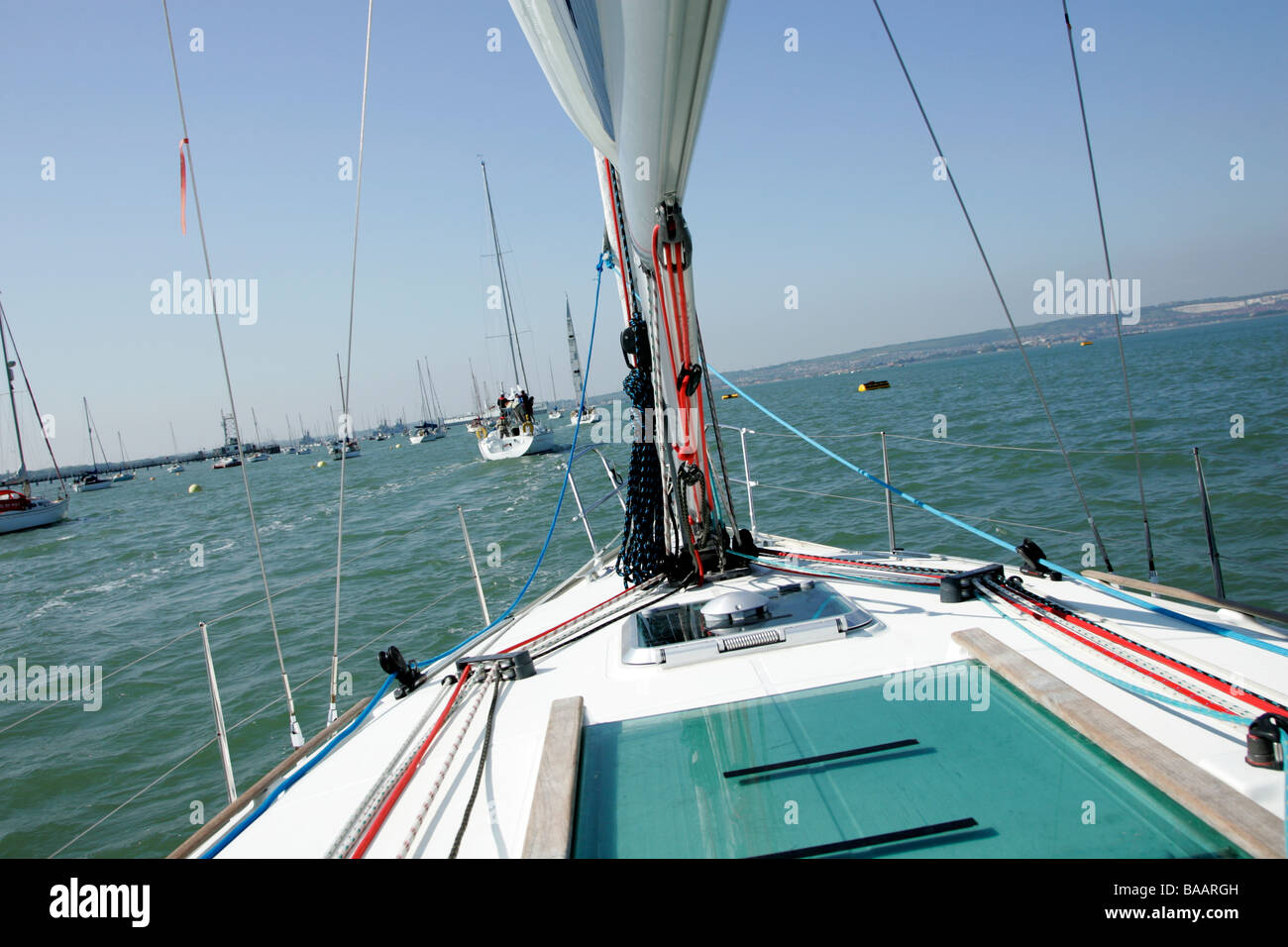 View of sailing boat past mast Stock Photo - Alamy