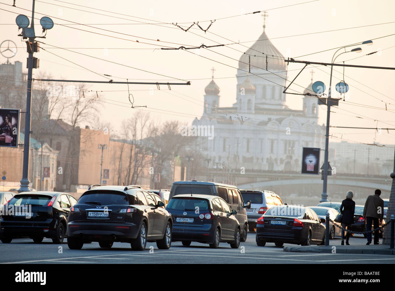 Huge traffic jam in the center of Moscow, Russia with Cathedral of ...