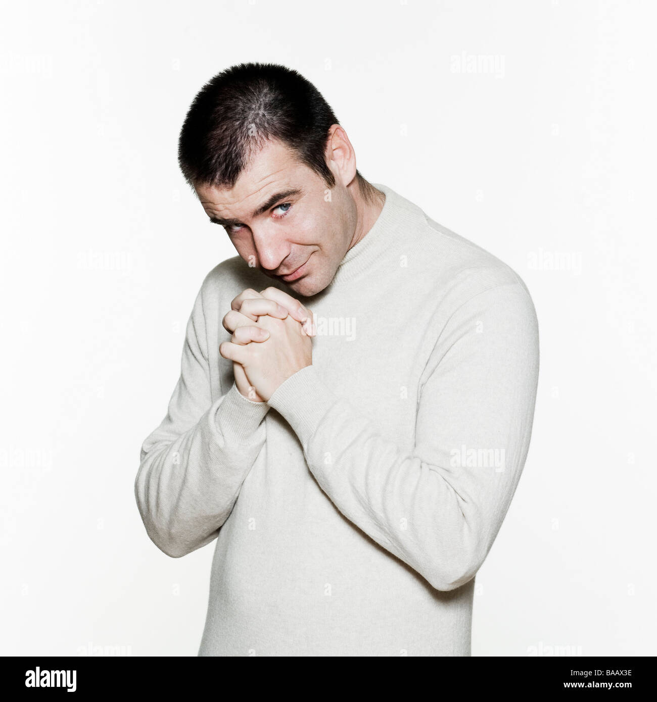 Portrait of an handsome expressive man in studio on white isolated ...