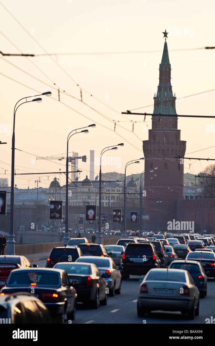 Traffic jam in Moscow city center under Kremlin tower, Moscow, Russia ...