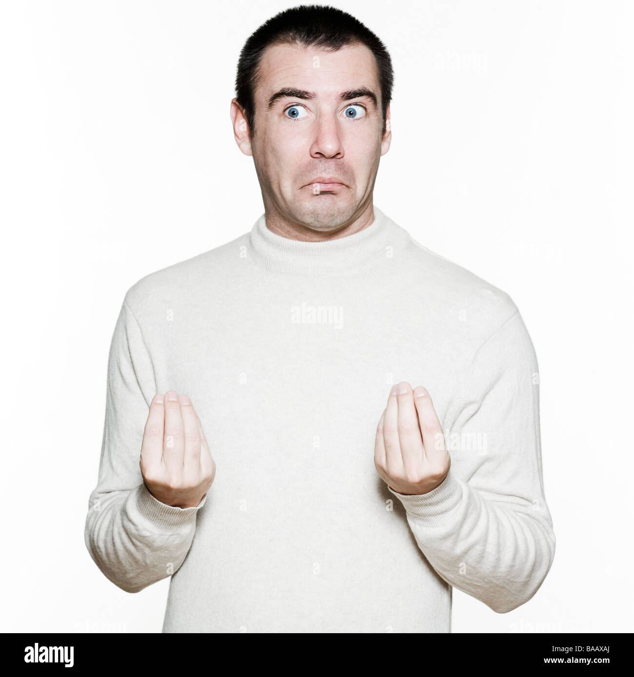 Portrait of an handsome expressive man in studio on white isolated ...