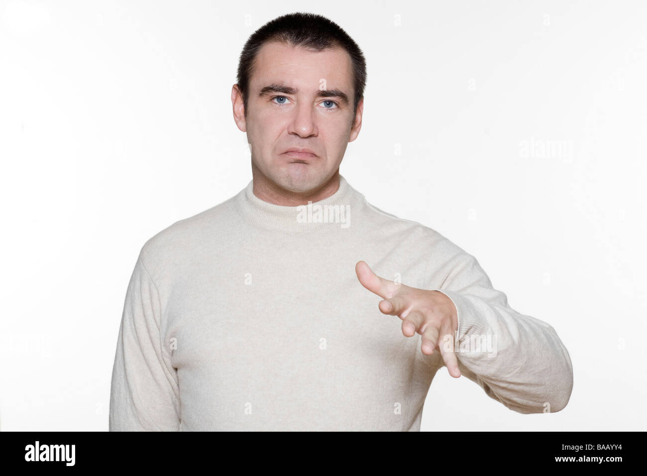 Portrait of an handsome expressive man in studio on white isolated ...