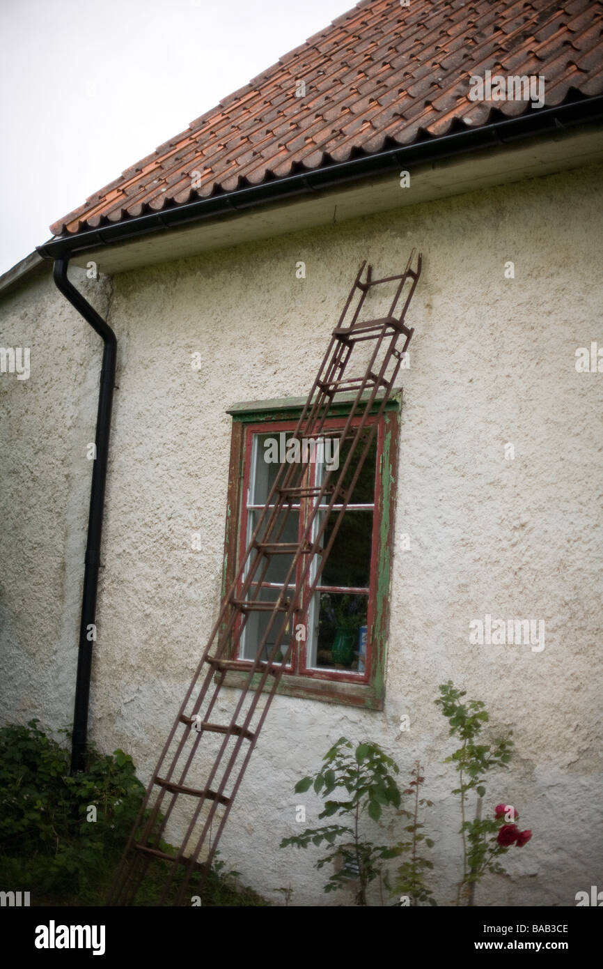 A ladder against the house wall, Gotland, Sweden Stock Photo - Alamy