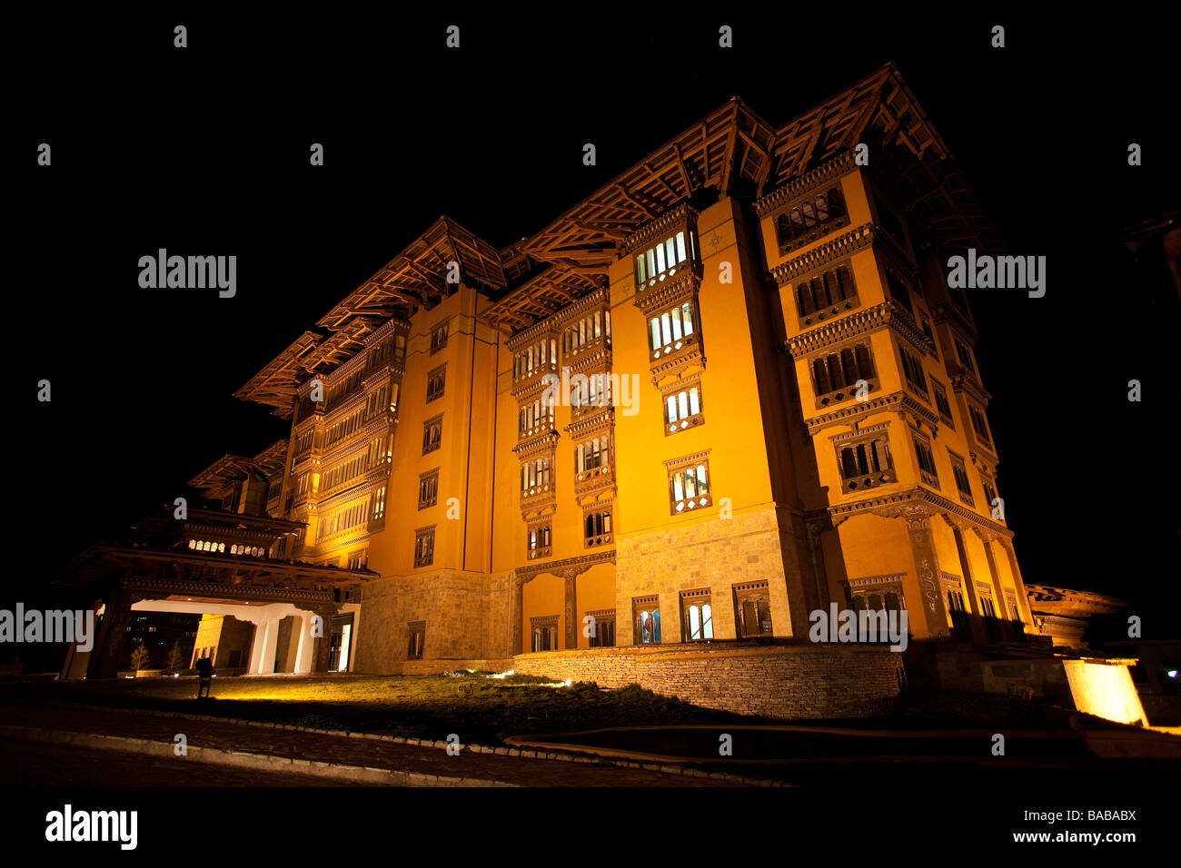 Taj Tashi Hotel Building in Thimphu city by night. Bhutan night scene ...