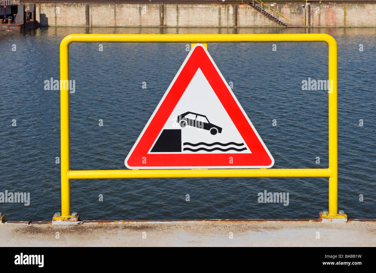 traffic sign danger water beware of car fall through quay quayside ...