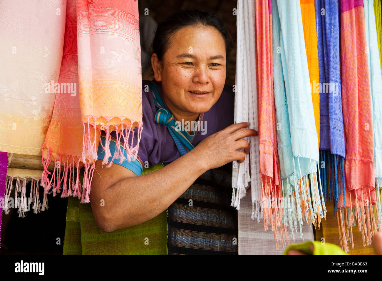 Lady selling silk,Thailand Stock Photo - Alamy
