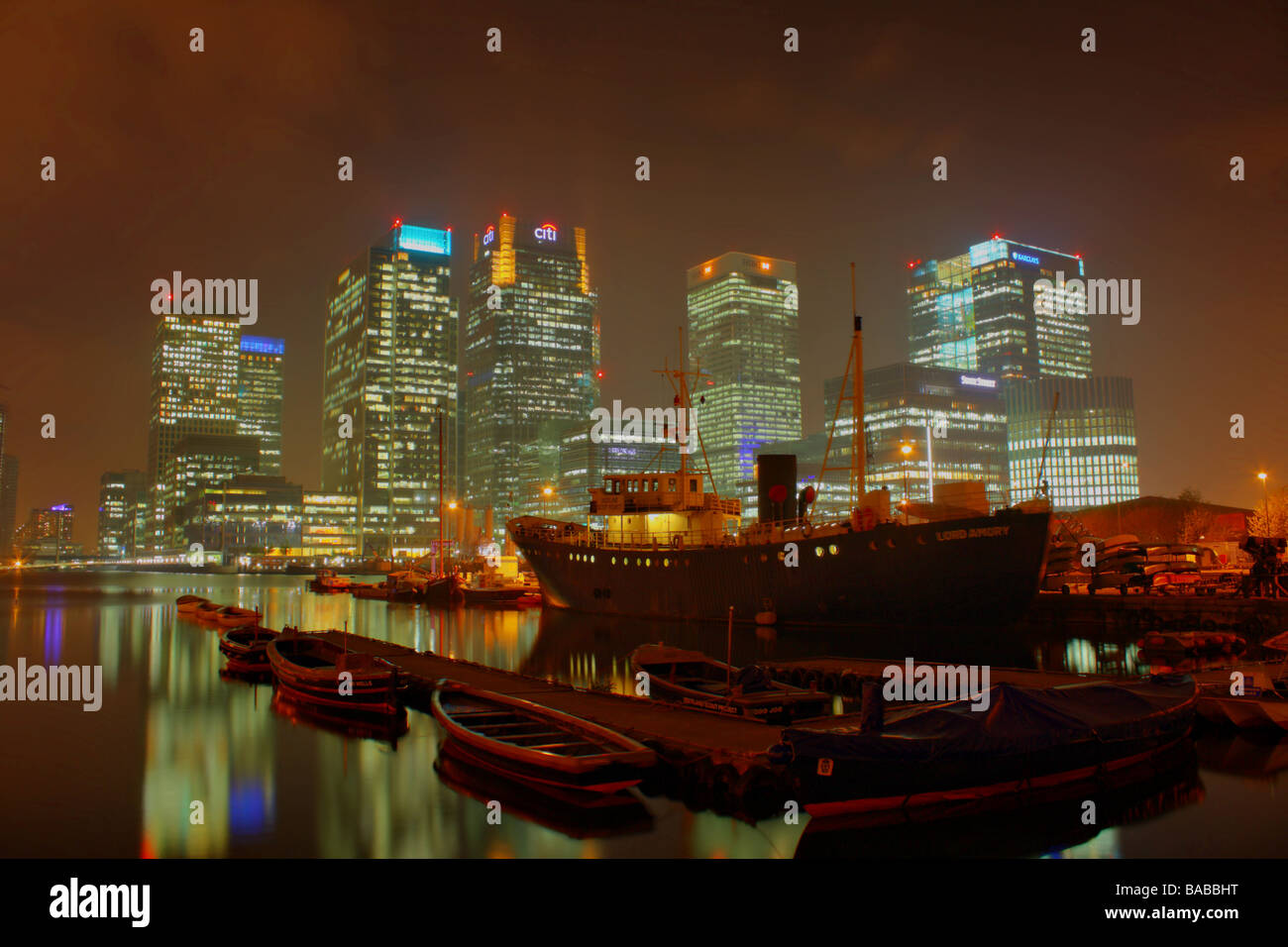Canary Wharf shot from Millwall Docks at night Stock Photo - Alamy