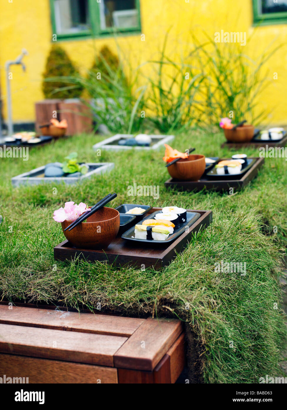 Grass on a table set with sushi Stock Photo - Alamy
