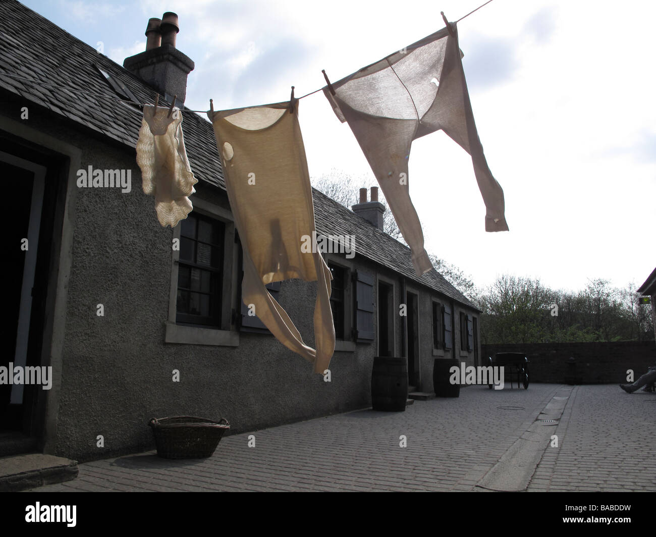 Washing drying outside old miners cottages Stock Photo - Alamy