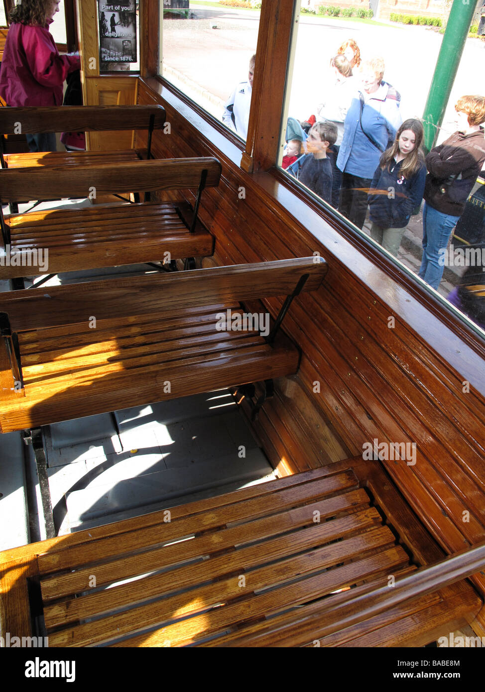 Old tram interior wooden seats Stock Photo - Alamy