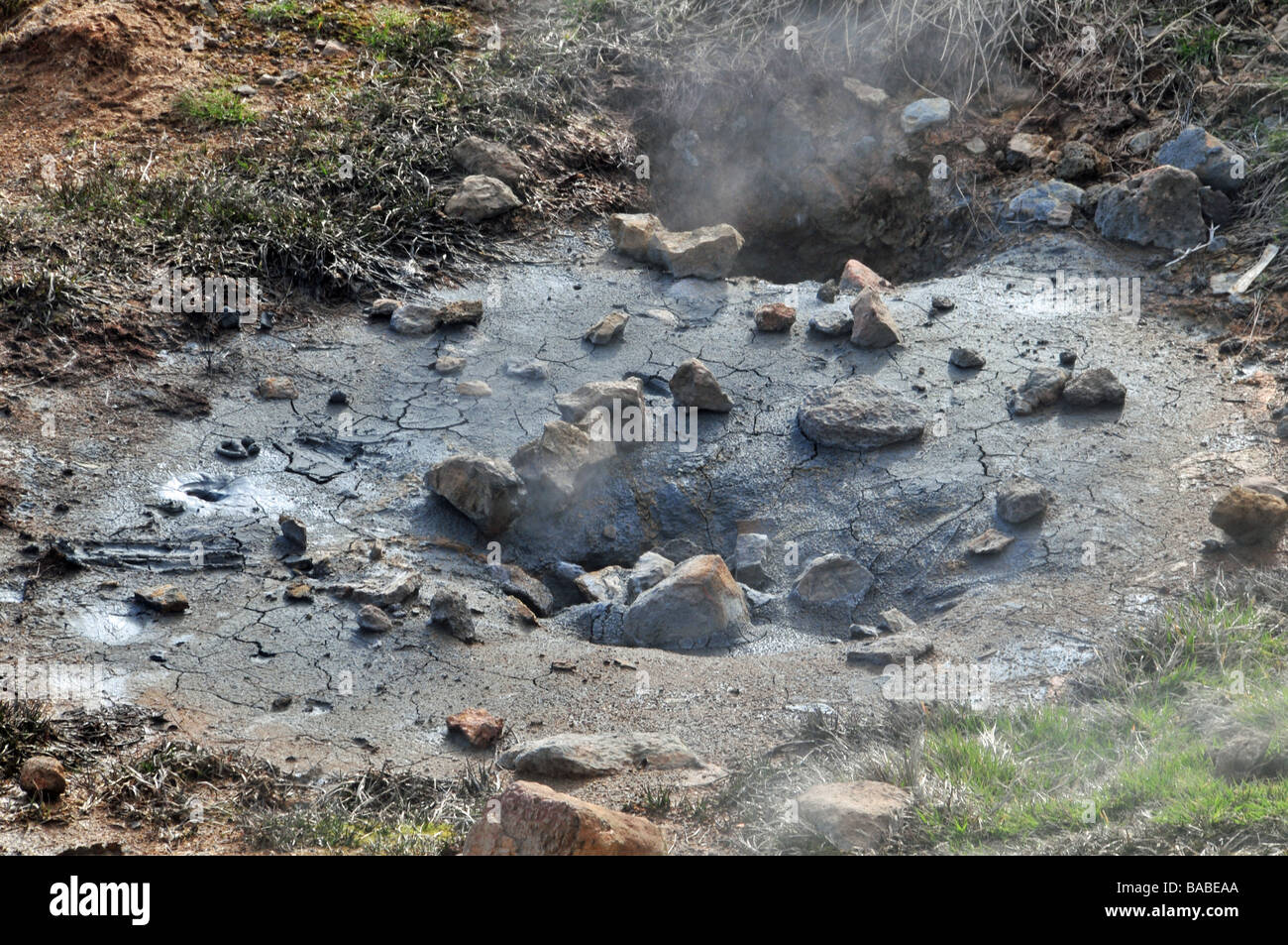 Foul-smelling, sulphur-rich boiling mud pot (solfatara), Hveragerdi ...