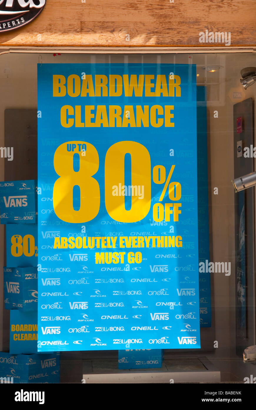 A sale sign in a boardwear boarding shop store in the uk Stock Photo ...