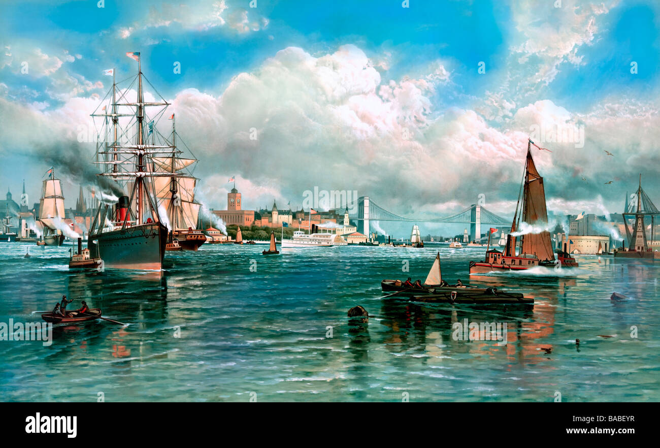 New York Harbour with Brooklyn Bridge Stock Photo - Alamy