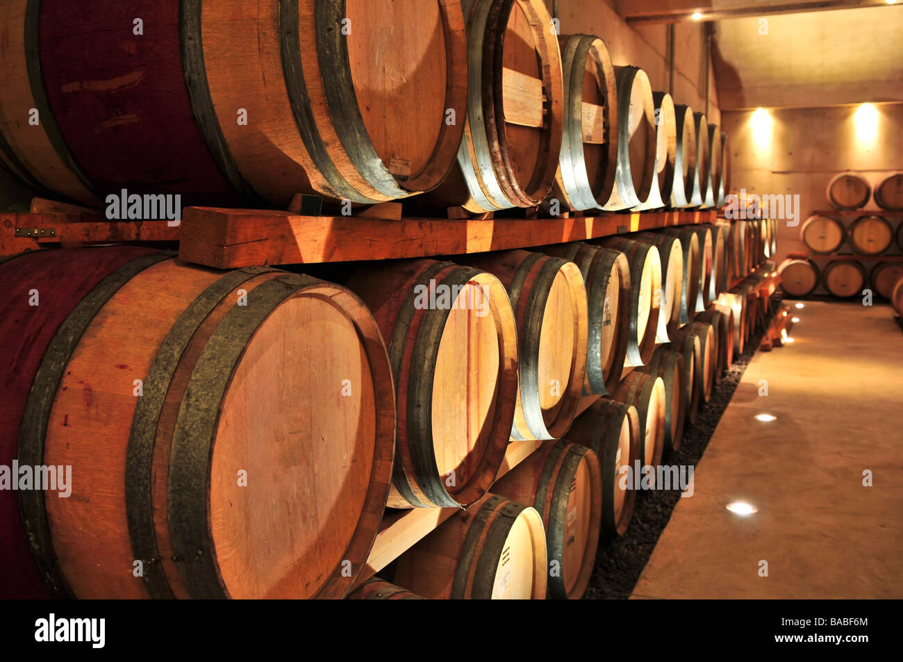 Stacked oak wine barrels in winery cellar Stock Photo - Alamy