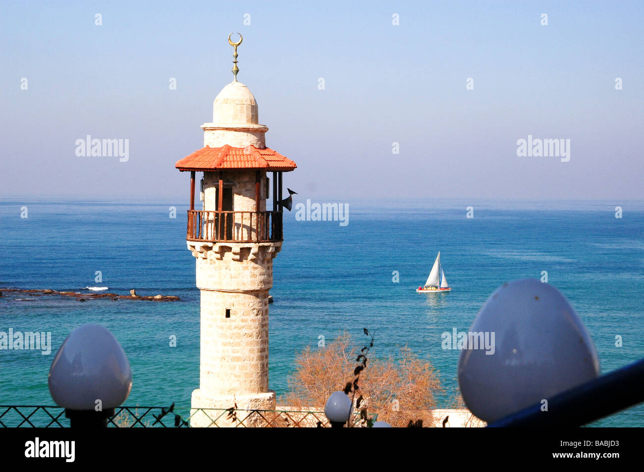 Israel Jaffa The turret of El Baher mosque and the Andromeda rock at ...